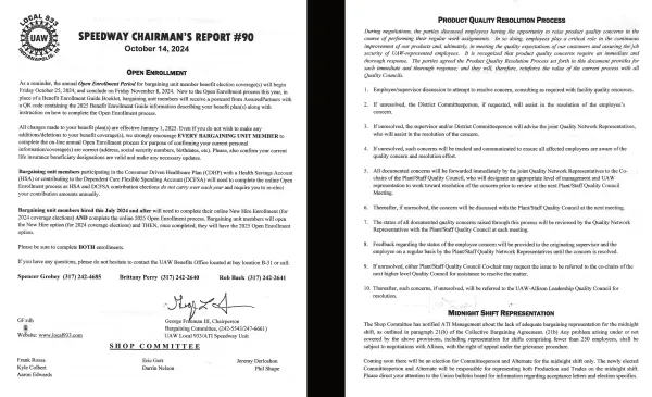 Speedway Chairman's Report #090 | UAW Local 933