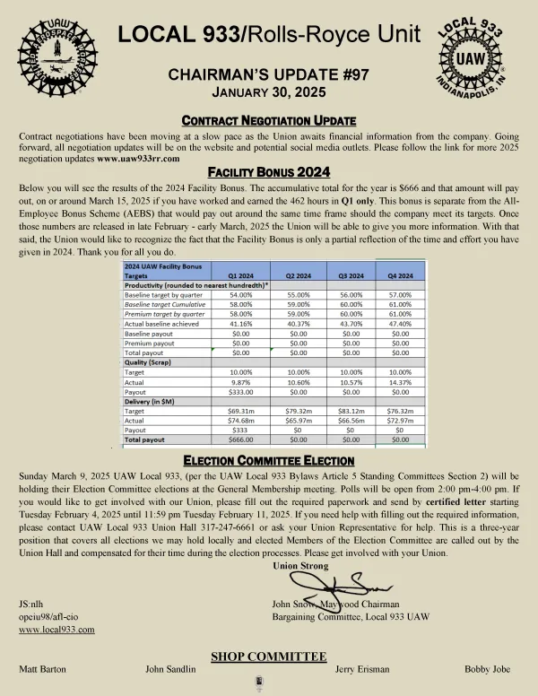 Local 933/Rolls-Royce Unit Chairman's Update #97 | UAW Local 933