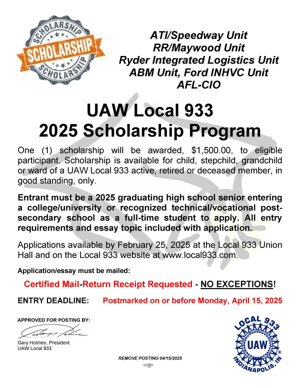 UAW Local 933 Scholarship | UAW Local 933