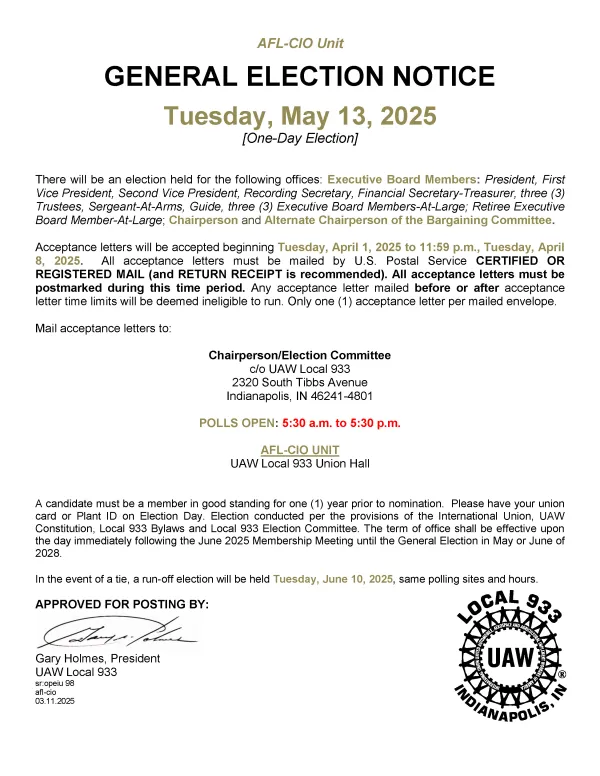 General Election Notice - AFL-CIO Unit | UAW Local 933