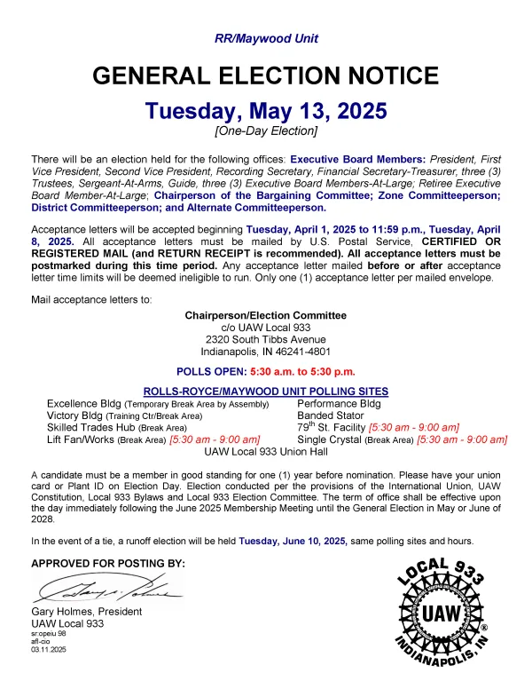 General Election Notice - RR/Maywood Unit | UAW Local 933