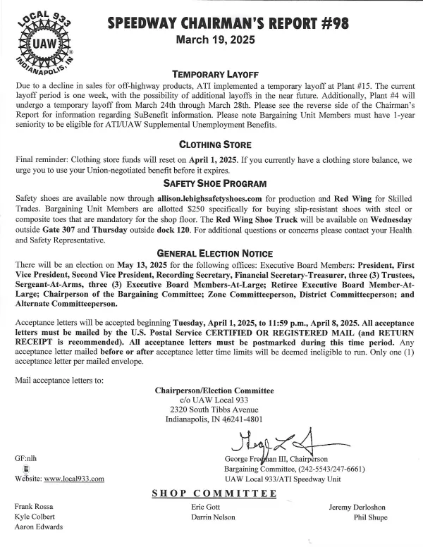 Speedway Chairman's Report #98 | UAW Local 933